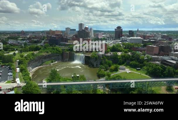 Rochester city landscape with High Falls on Genesee River. Upstate New ...