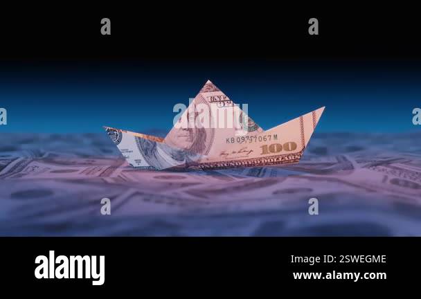 A paper boat crafted from a hundred-dollar bill floats on a surface of ...
