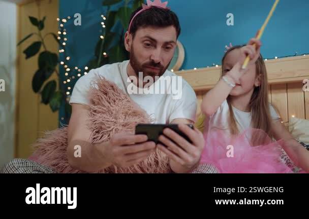 happy father and daughter dressed magic fairies playing together ...