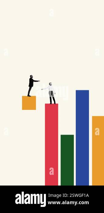 Stop motion. Animation. Two people stand on colorful bars of varying ...