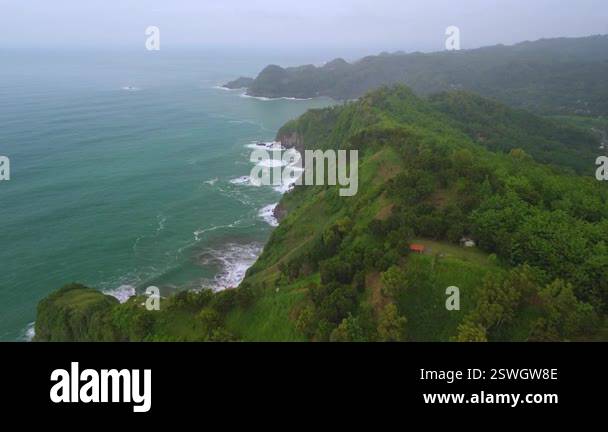 Drone view Travel destination with natural views, coastline with hills ...