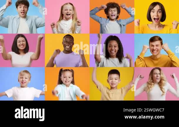 Diverse individuals of all ages display joy and excitement, expressing ...
