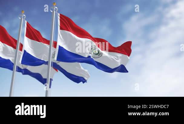 Paraguay national flags waving. Three equal horizontal bands of red ...
