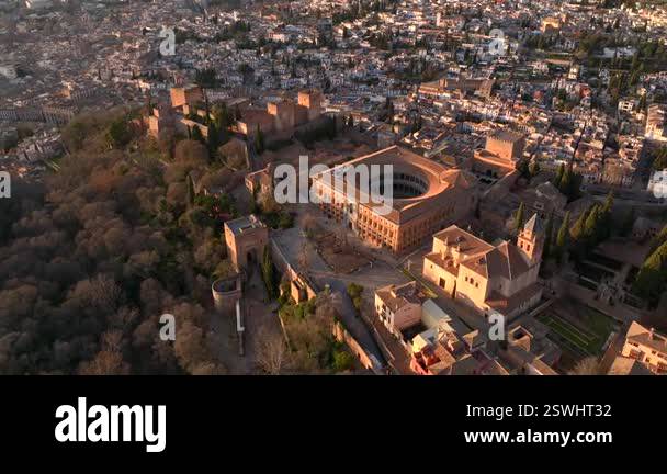 The drone aerial of famous Alhambra de Granada. The Alhambra is a ...