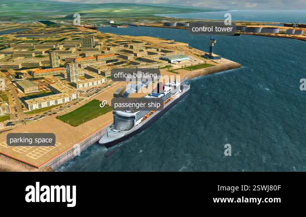 A 3D animation of a passenger port, showcasing cruise ships, terminals ...