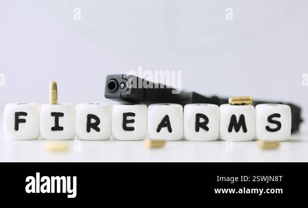 Word Firearms with bullets and handgun in white space. Permission to ...