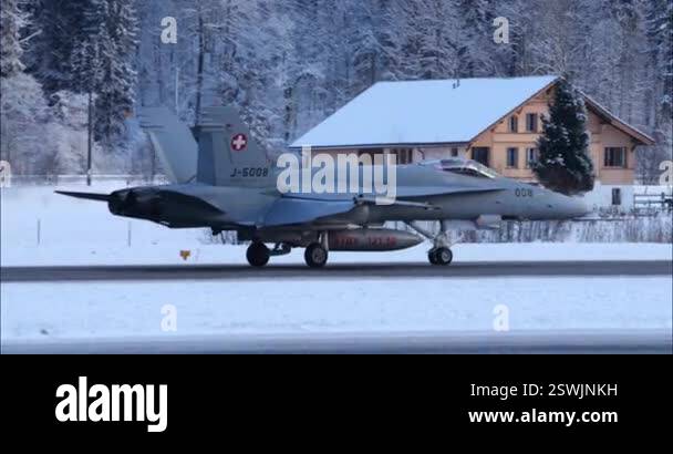 Meiringen Switzerland January 19 2023 Jet fighter taxiing on snowy ...