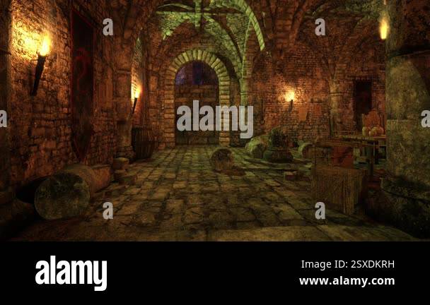 3D animation of an old medieval castle dungeon with fire torches on the ...