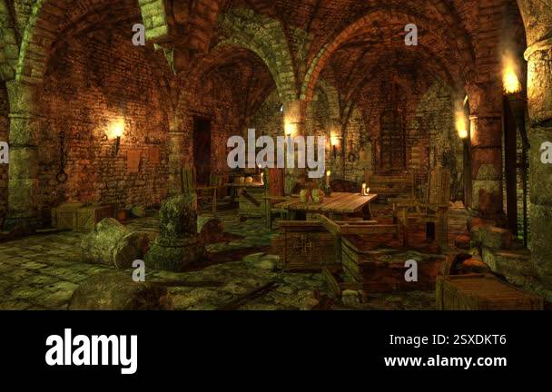 3D animation of an old medieval dungeon room with wooden furniture and ...