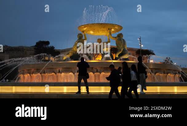 Valletta, Malta - May 2023 - Closeup shot illuminated Triton fountain ...