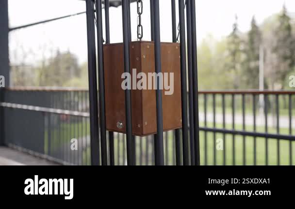 A mysterious wooden box hangs from a metal fence and cage on a balcony, blending nature and ...