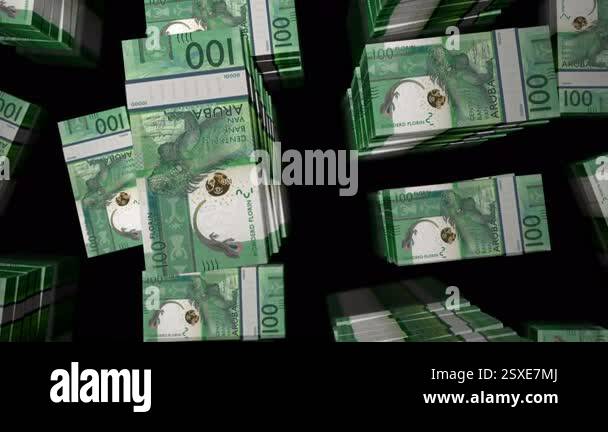 Aruba money Aruban florin notes packs loop. 3D flight over 100 AWG ...