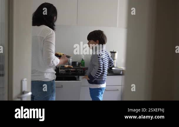 Mother and son preparing food together in a modern kitchen, rear view ...