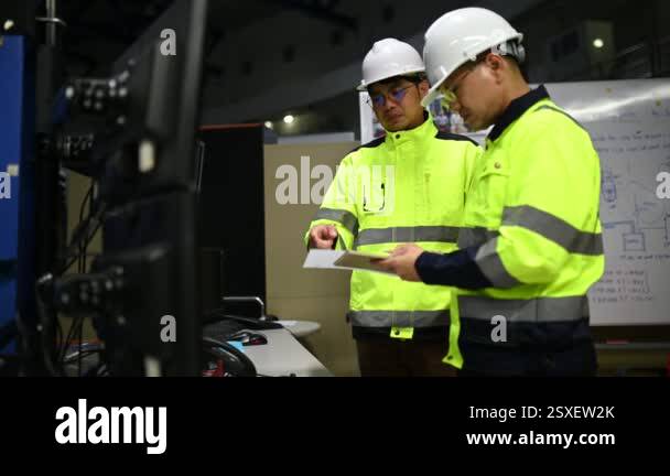 engineers in uniform and safety equipment working in the factory ...