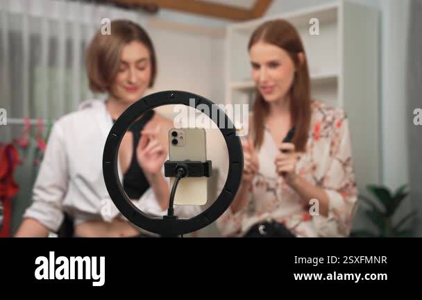 Two influencer partner shoot live streaming vlog video review makeup ...