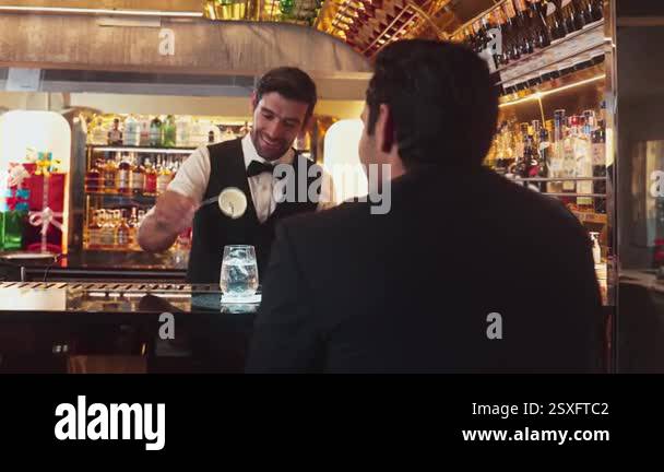 Smart bartender serving drink gin fizz with lemon sliced to VIP guest ...