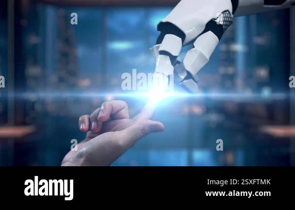 A robotic hand interacts with a digital globe, symbolizing the blend of ...