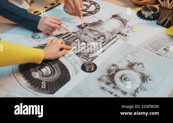 A collaborative scene depicting hands engaging with a mechanical engine model sketch on a ...