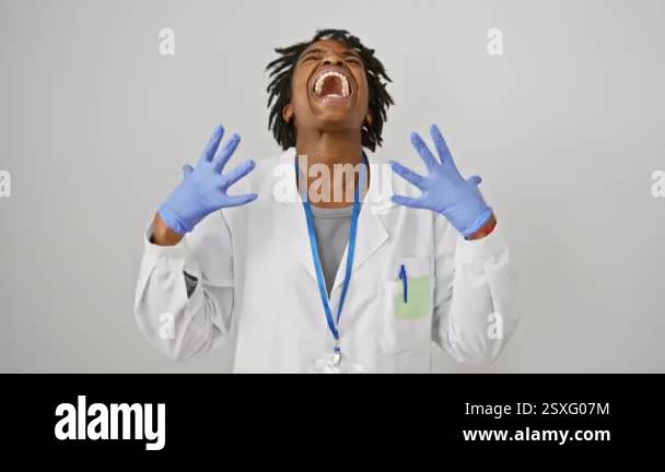 Furious young black woman in labcoat with dreadlocks seriously fuming ...