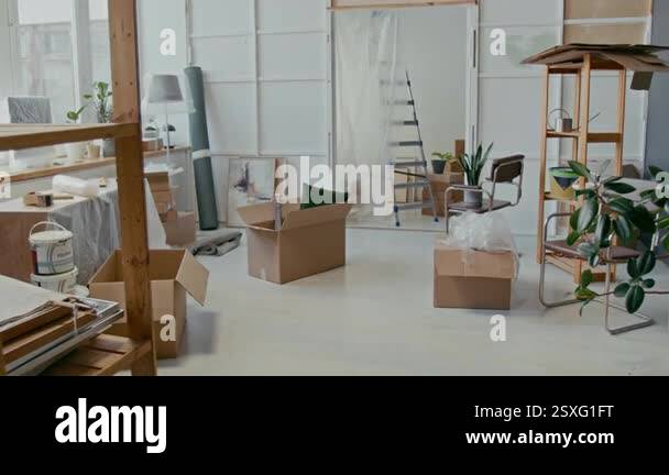 Part of spacious living room of new apartment under renovation with ...