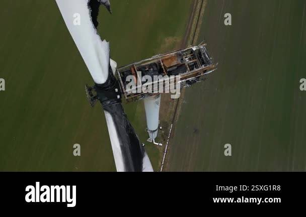 wind turbine after fire. Wind turbine destruction caused by fire. Risk ...