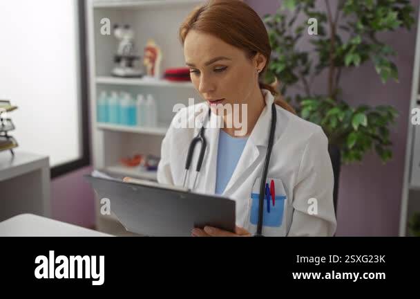 Female doctor taking notes in a clinic office with medical equipment ...
