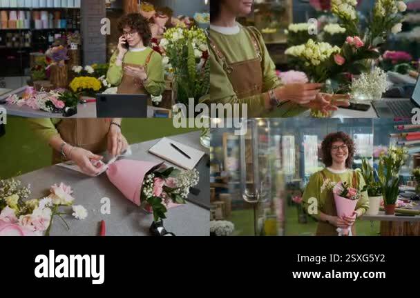 Split screen of Caucasian cheerful female florist with curly hair ...