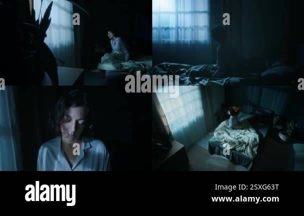 Split screen of young woman waking up at night, standing up from her ...