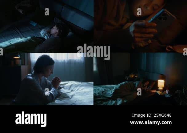 Split screen of woman praying, tossing and turning at night and ...