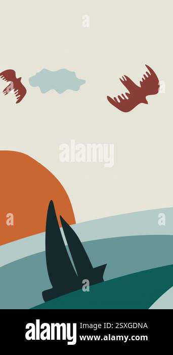 Minimal mountain land space illustration loop background. Clouds sea ...