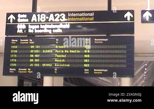 An analog video captures a flight information display board at an ...
