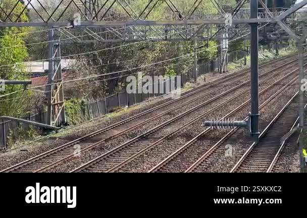 Railway tracks extending into the distance, framed by lush greenery and ...