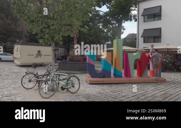 July 21, 2024. Ulm, Germany. Selfie-Point Ulm. Bunter Ulm-Schriftzug ...