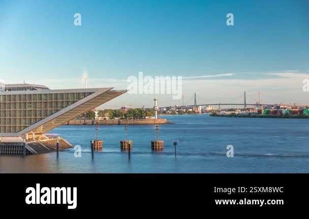 Aerial timelapse of Dockland Hamburg Altona at the old fishing port ...
