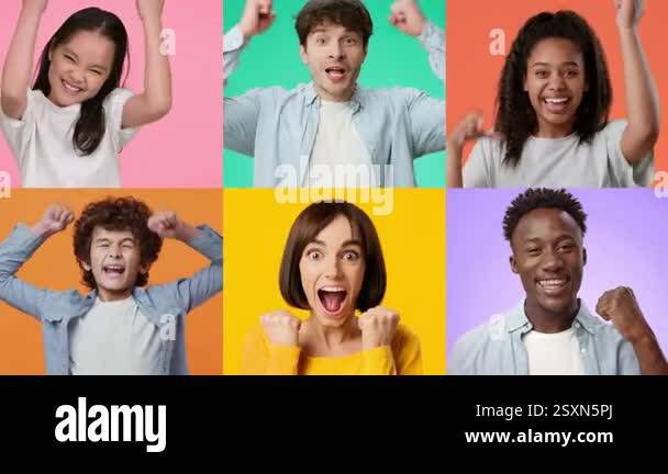A joyful collection of people, including adults and kids, express their ...