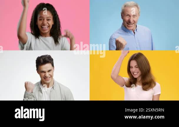 Groups of diverse adults and children display excitement and happiness ...