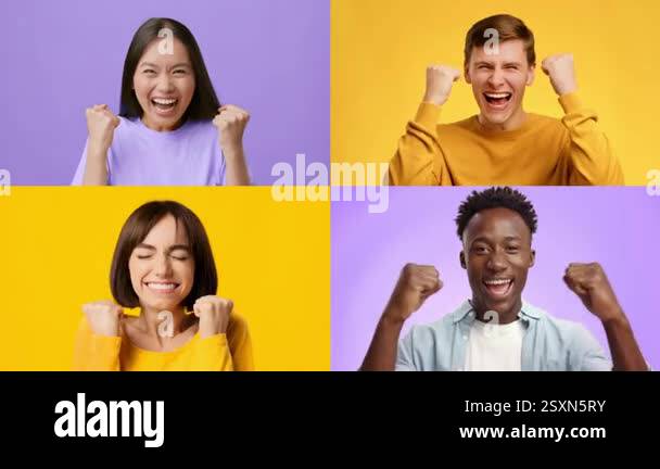A cheerful collection of adults and kids display joyous emotions. Their ...