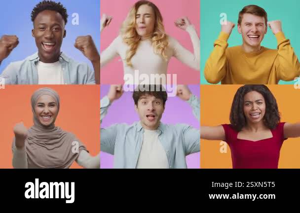 A variety of adults and children from different backgrounds express joy ...