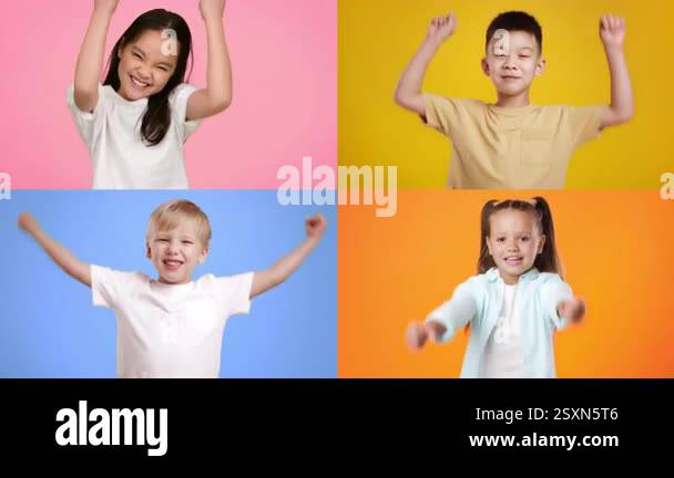 A diverse group of children show excitement and joy with winning ...