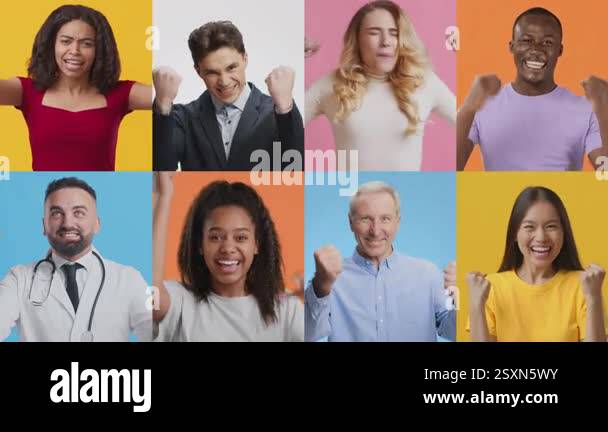 A diverse collection of adults and children celebrating victory with ...