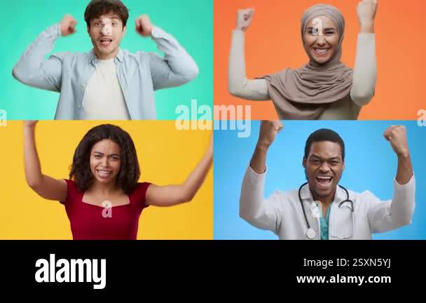 A diverse group of adults and children expresses joy and triumph ...