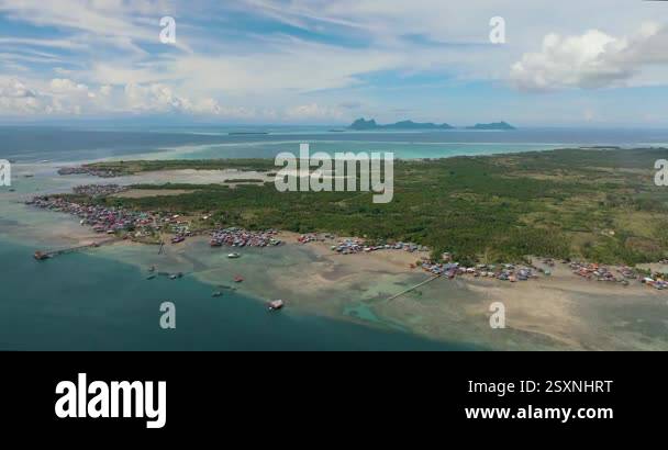 Aerial drone of island Bum Bum with towns and villages. Semporna, Sabah ...