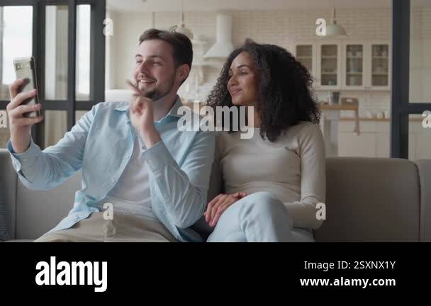 Happy Family Couple Smiling Talk Video Call Conference on Smartphone at ...