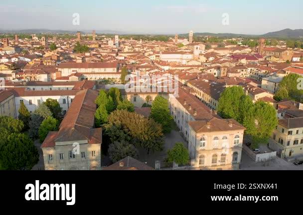 Aerial sunset evening view of famous Lucca city, known for its intact ...