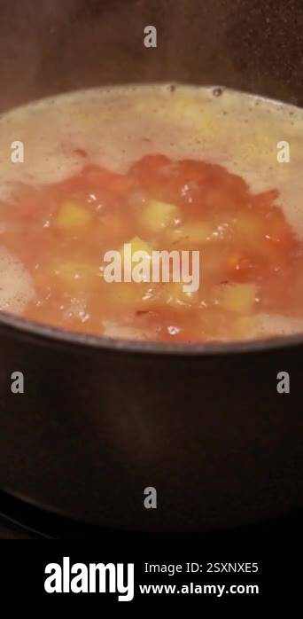 boiling vegetable soup in a pot on the stove close-up Stock Video ...