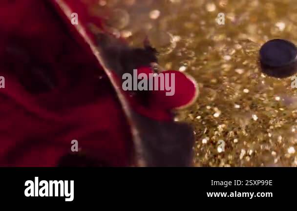 Oil flow. Fizzy liquid. Sparkling yellow golden dark color fluid ...