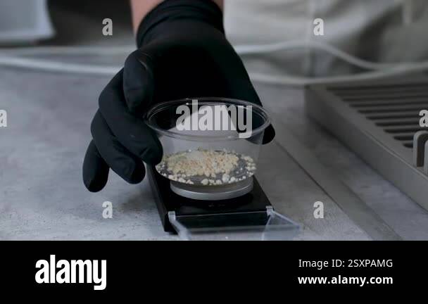 hands of skilled unrecognizable female factory worker in rubber gloves ...