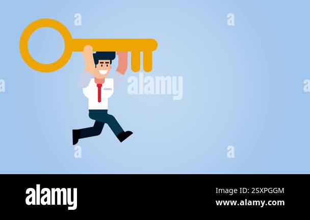 Businessman Running with Large Golden Key Overhead in a Cartoon ...