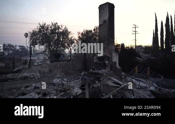 Wildfire aftermath in Pasadena, California, USA. Destroyed homes and ...