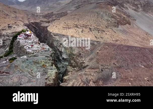 An aerial view of the Diskit Monastery and Maitreya Buddha of Diskit in ...